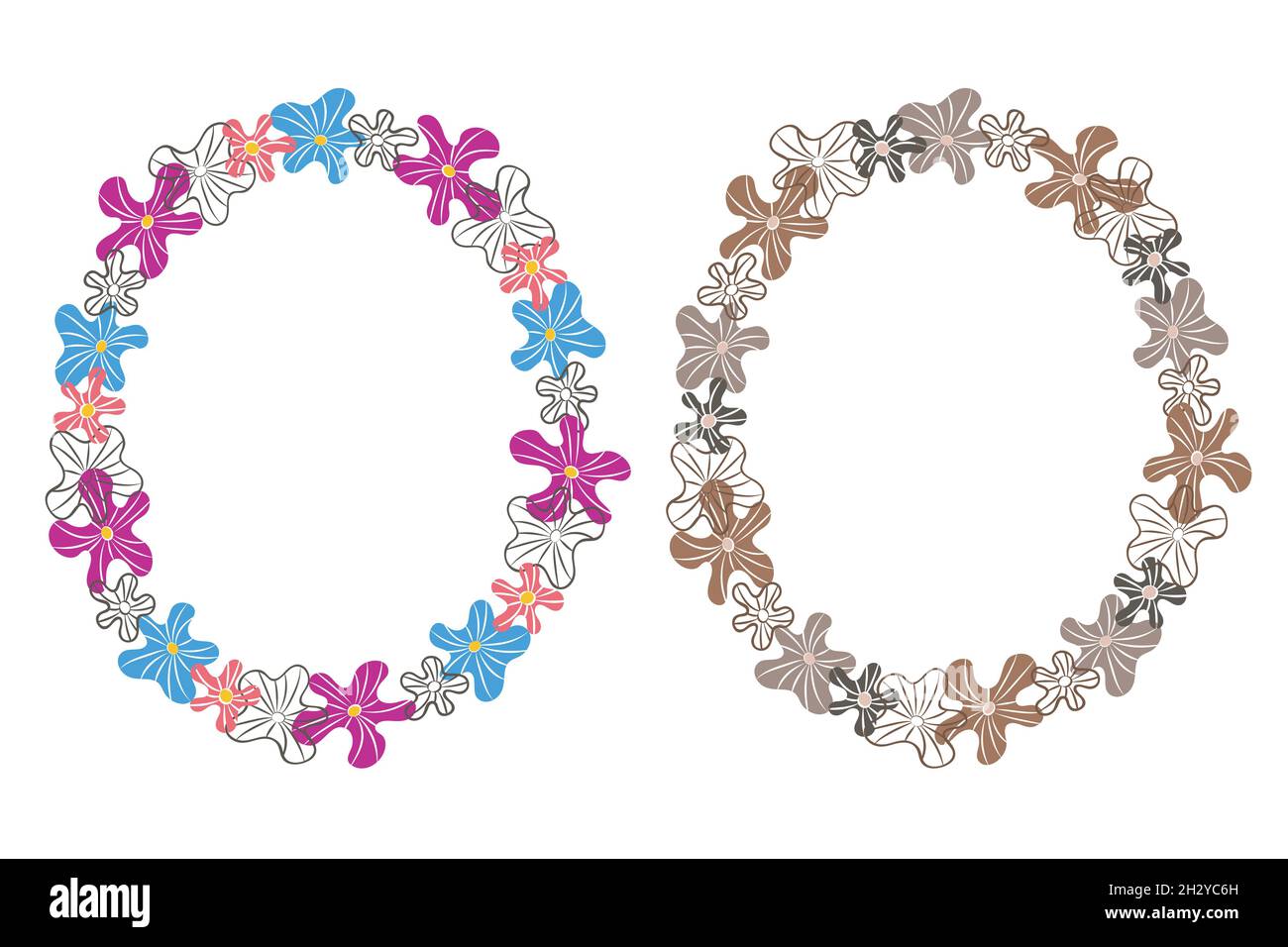 Cute wreath template set. Floral ellipse frame. Hand-drawn ink brush ...