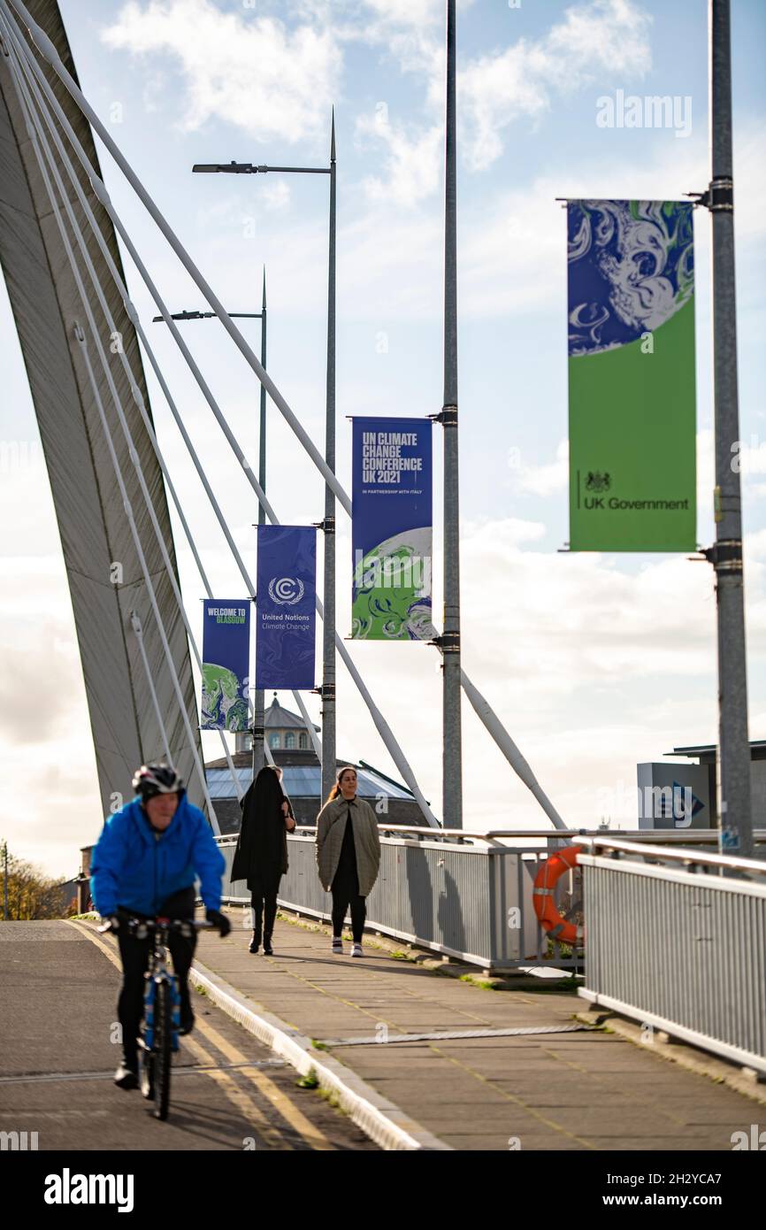 Glasgow, Scotland, UK. 24 October 2021 PICTURED: Branded COP26 banners ...