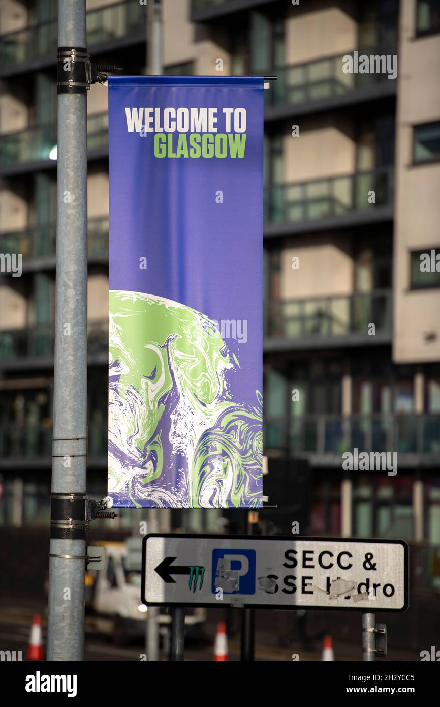 Glasgow, Scotland, UK. 24 October 2021 PICTURED: Branded COP26 banners ...