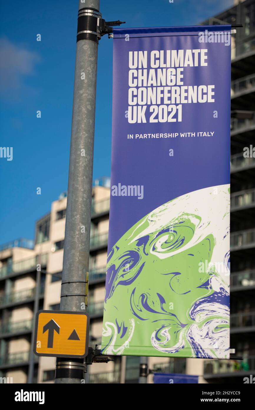 Glasgow, Scotland, UK. 24 October 2021 PICTURED: Branded COP26 banners ...