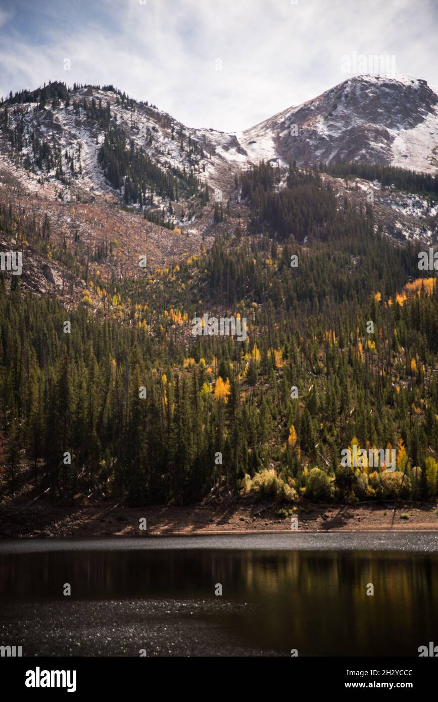 A lake surrounded by fall foliage at Independence Pass near Aspen ...