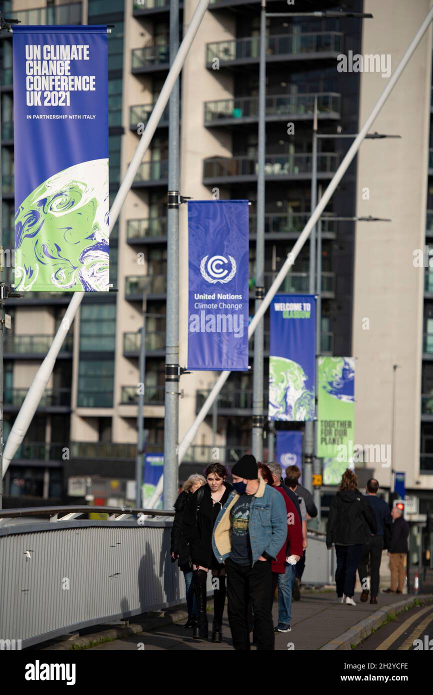 Glasgow, Scotland, UK. 24 October 2021 PICTURED: Branded COP26 banners ...