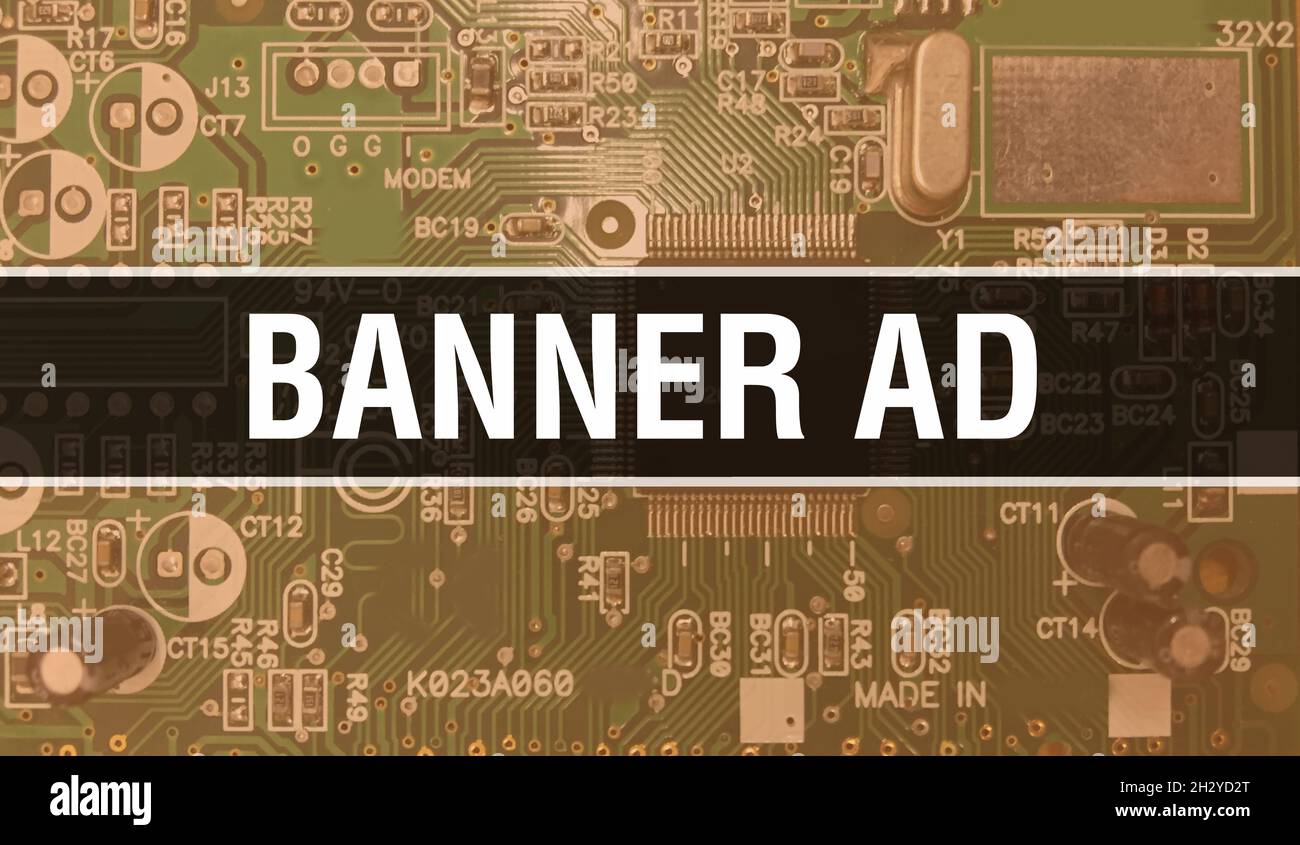 Banner Ad concept with Computer motherboard. Banner Ad text written on ...