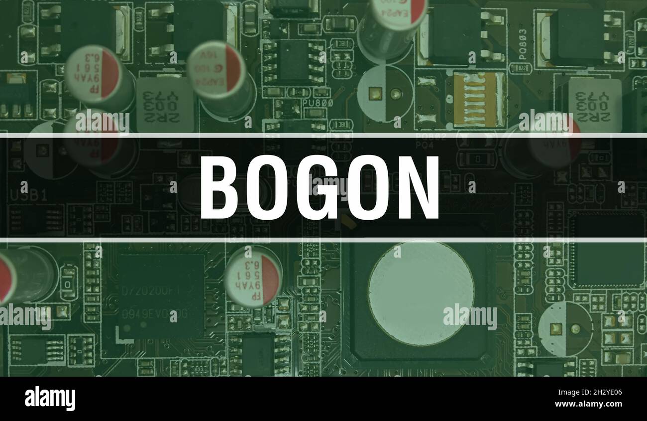 Bogon concept illustration using Computer Chip in Circuit Board. Bogon close up of integrated ...