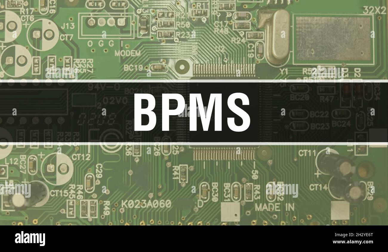 BPMS concept with Computer motherboard. BPMS text written on Technology Motherboard Digital ...