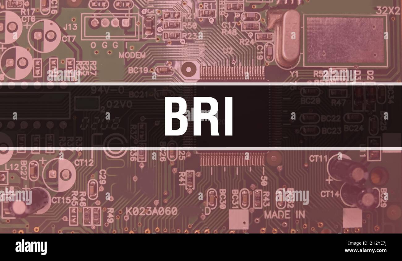 BRI concept with Computer motherboard. BRI text written on Technology ...