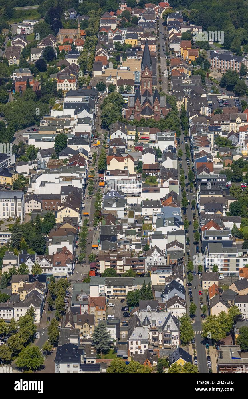 Aerial view, Neheim Cathedral St. Johannes-Baptist, pedestrian zone ...