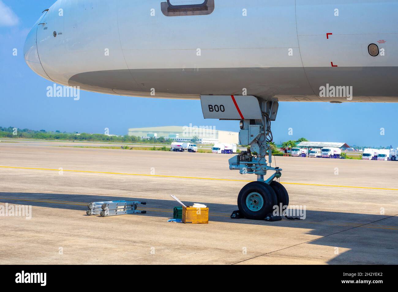 maintenance of the aircraft landing gear at the airport on the runway ...