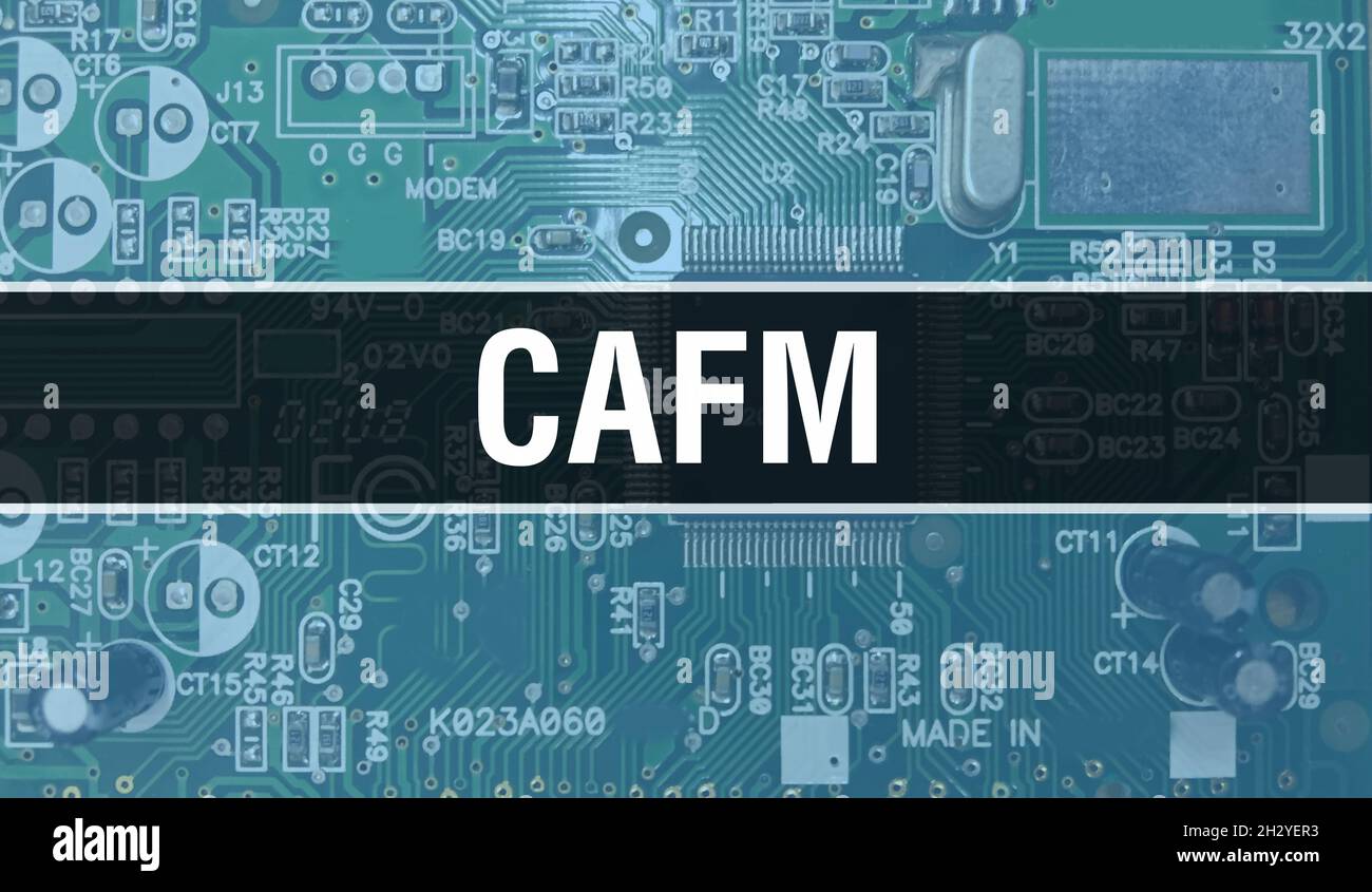 CAFM concept with Computer motherboard. CAFM text written on Technology ...