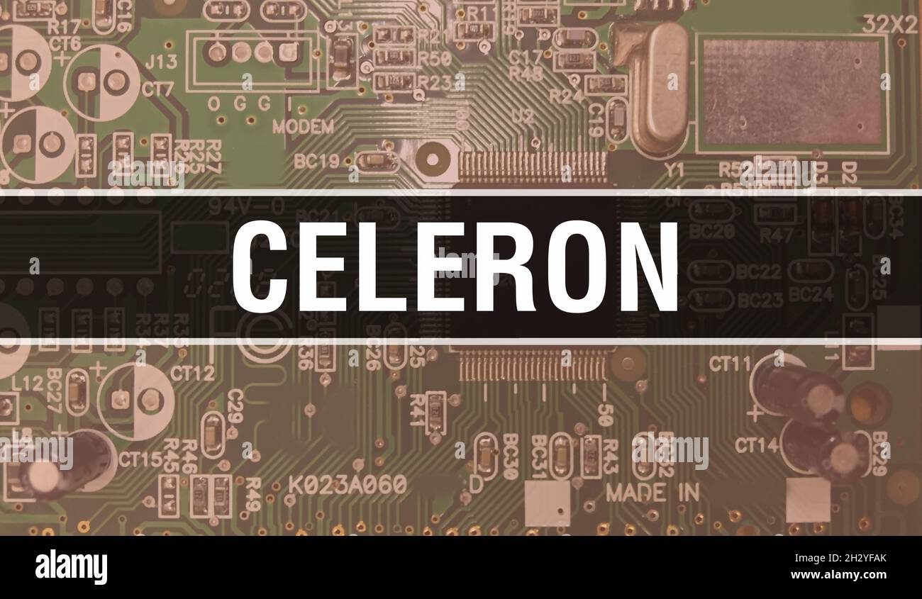 Celeron concept with Computer motherboard. Celeron text written on ...