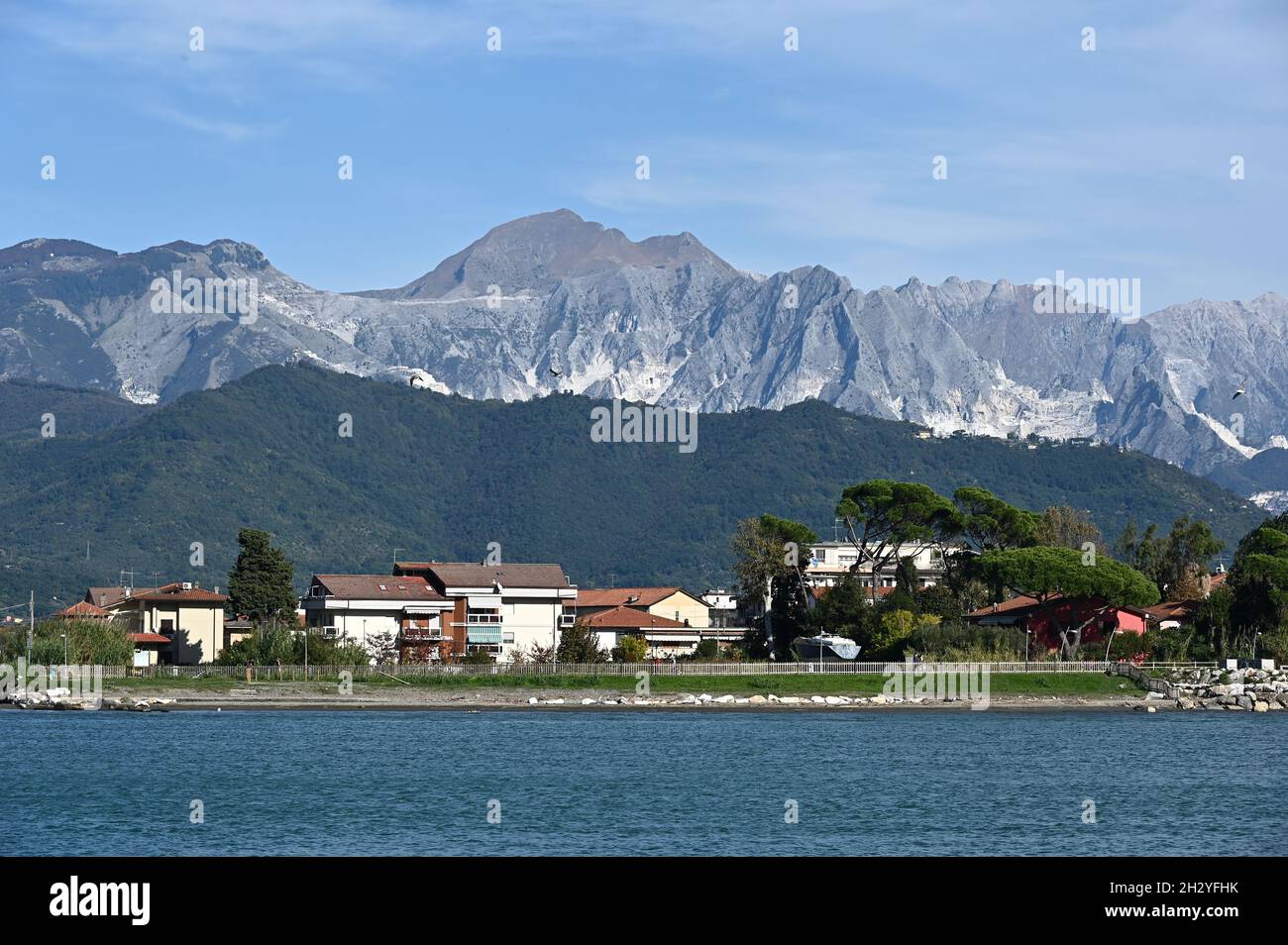Riverside of Fiumaretta on the left side of the Magra river, with the ...