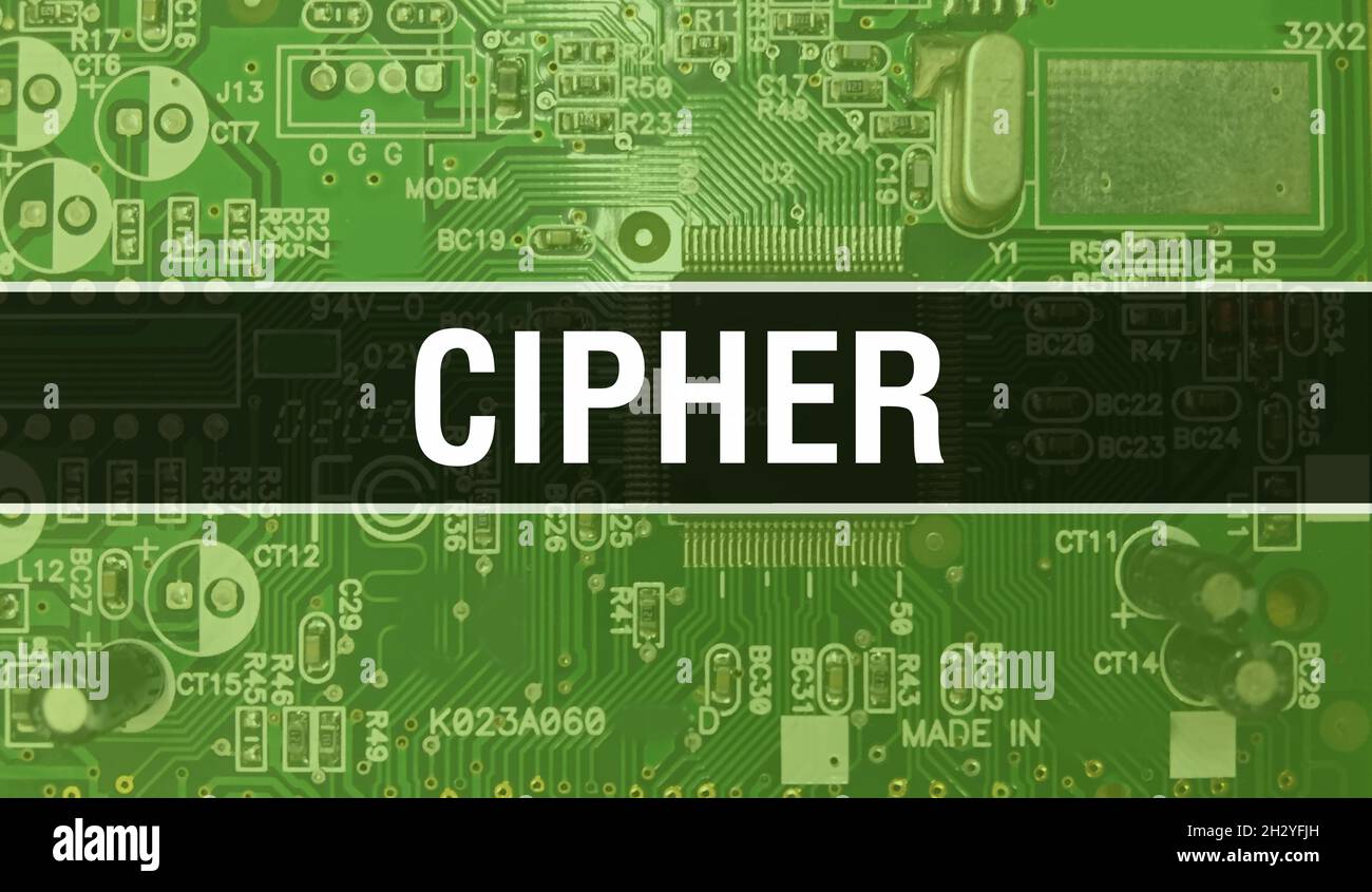Cipher concept with Computer motherboard. Cipher text written on ...