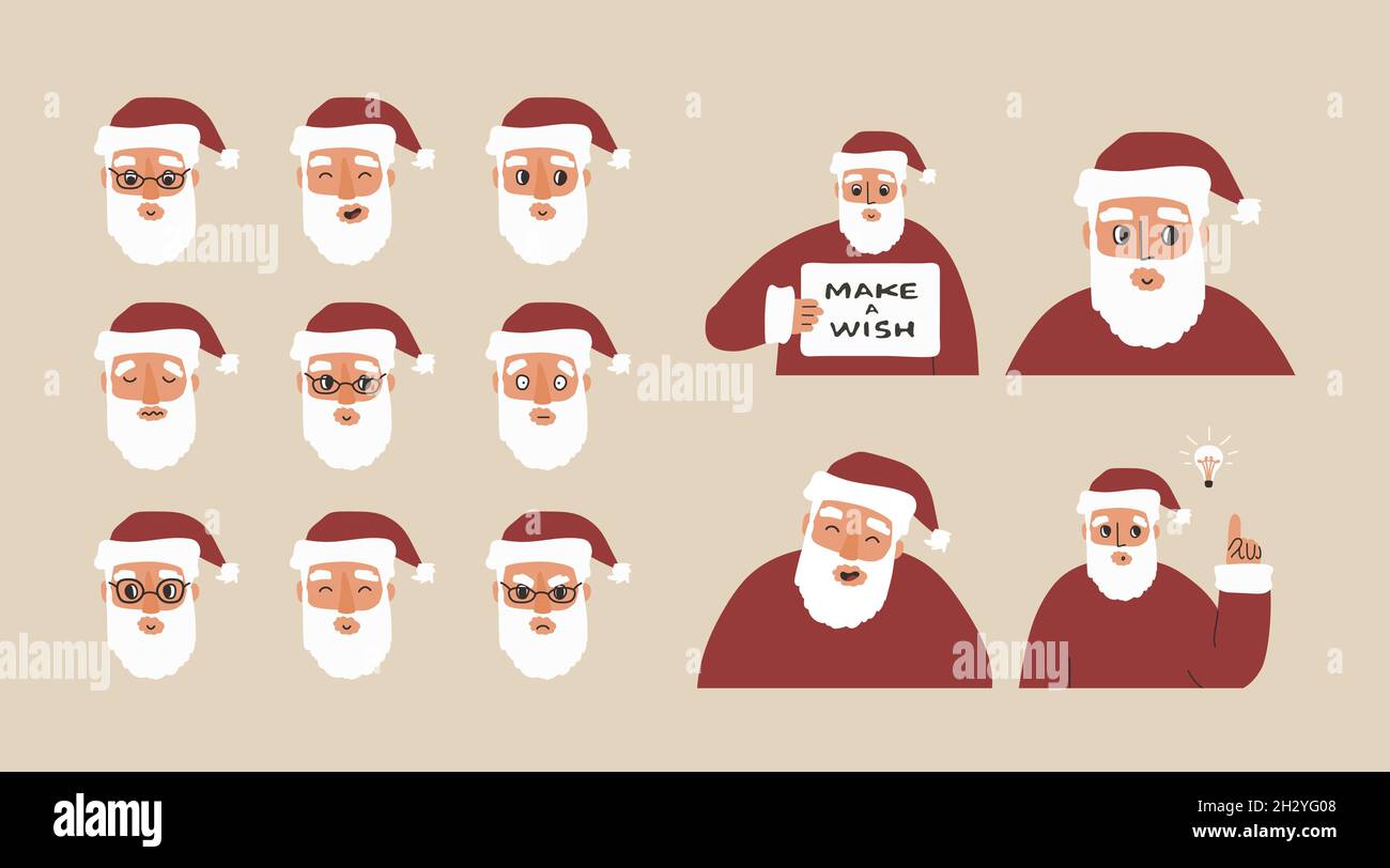 Set of Santa Claus emotions, avatars. Hand drawn vector illustrations ...