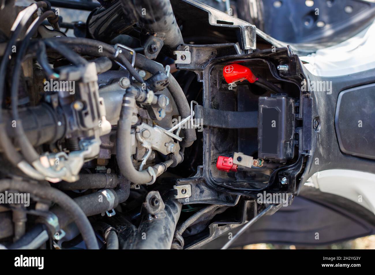 Open motorcycle engine. Repair and service. View from above Stock Photo ...