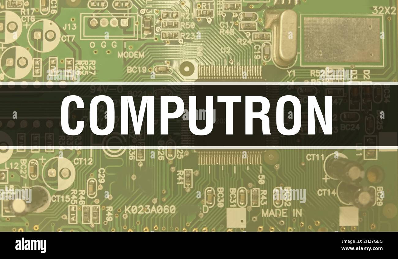 Computron concept with Computer motherboard. Computron text written on ...
