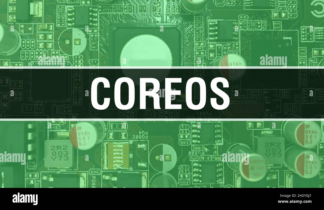 CoreOS concept illustration using Computer Chip in Circuit Board. CoreOS close up of integrated ...