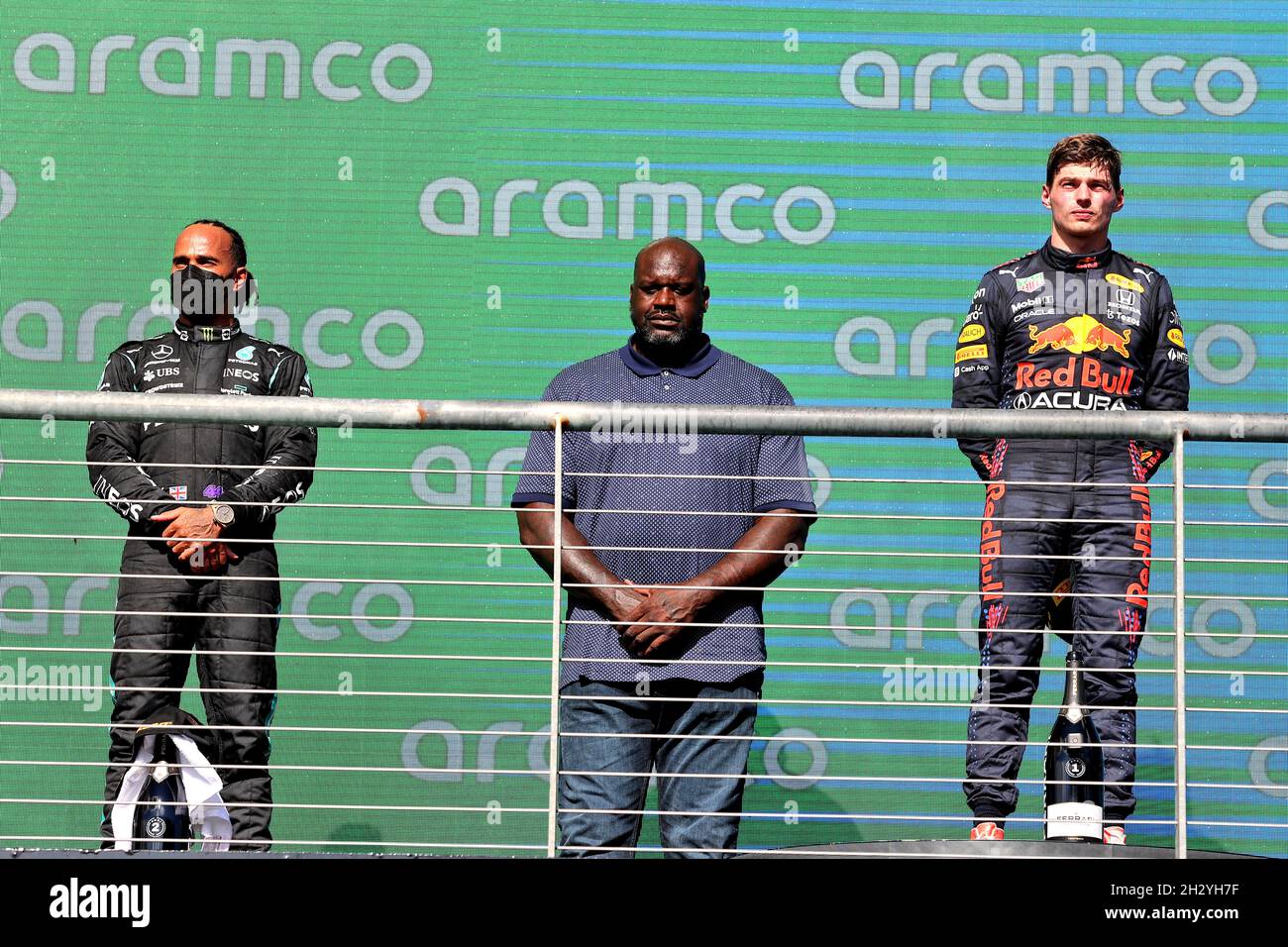 Austin, Texas, USA. 24/10/2021, The podium (L to R): Lewis Hamilton ...