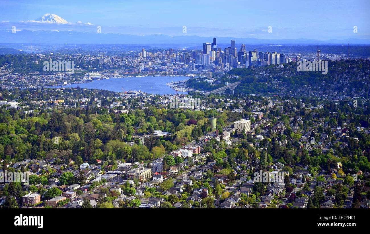 AERIAL VIEWS OF SEATTLE, WASHINGTON, USA...SEATTLE'S SKYLINE AND MT ...