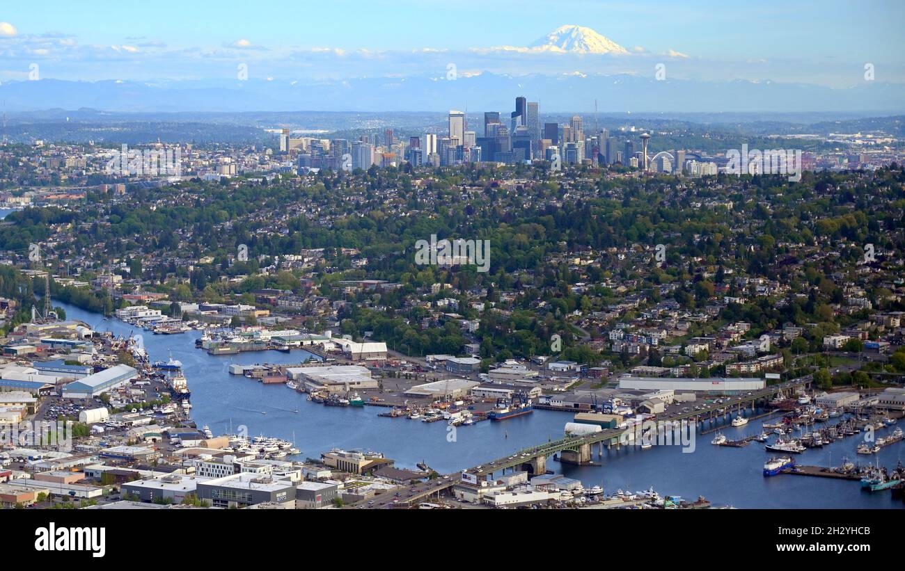 AERIAL VIEWS OF SEATTLE, WASHINGTON, USA...SEATTLE'S SKYLINE AND MT ...