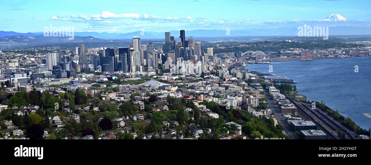 AERIAL VIEWS OF SEATTLE, WASHINGTON, USA...ELLIOTT BAY, MT RAINIER, AND ...