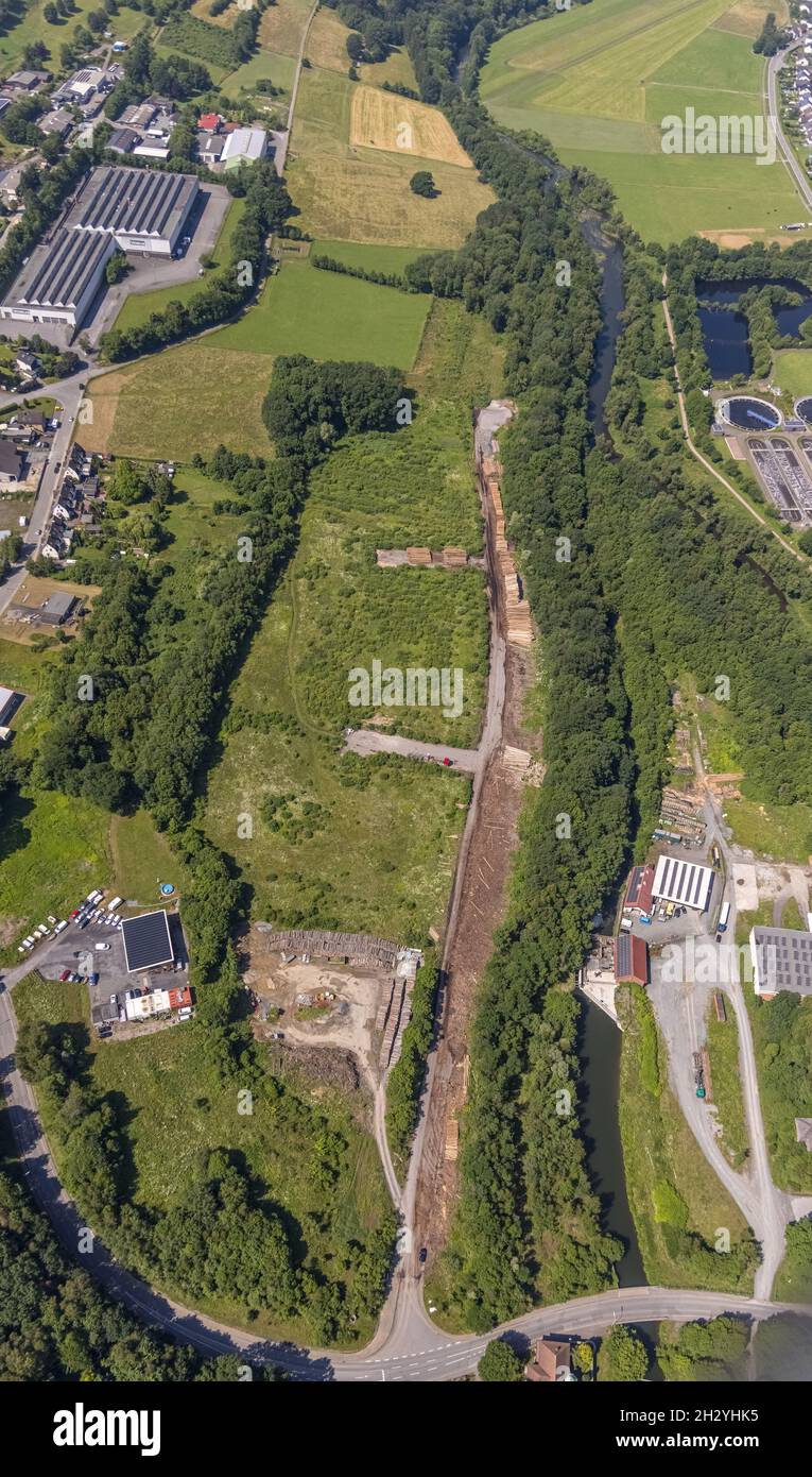 Aerial view, timber storage site in Wildshausen, Freienohl, Meschede ...