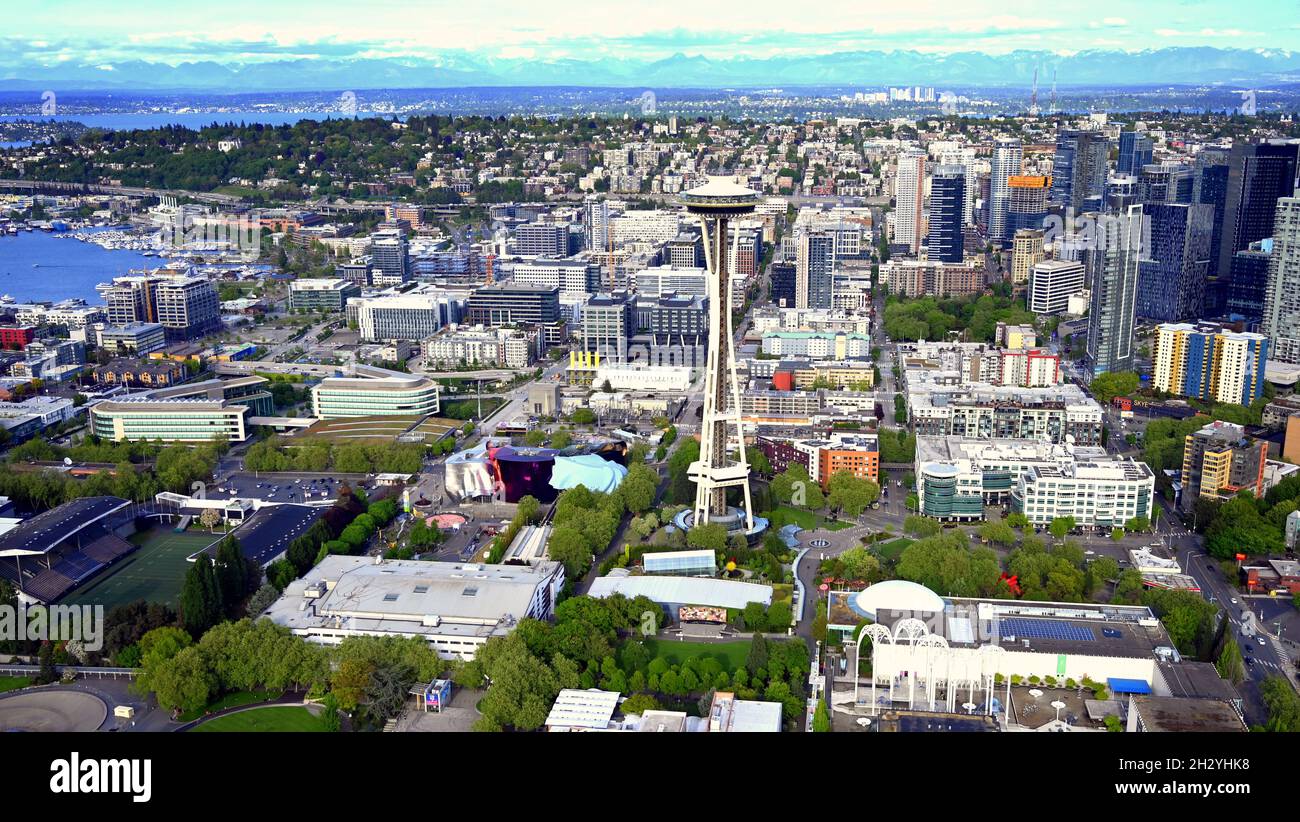 AERIAL VIEWS OF SEATTLE, WASHINGTON, USA...THE SPACE NEEDLE, AND ...