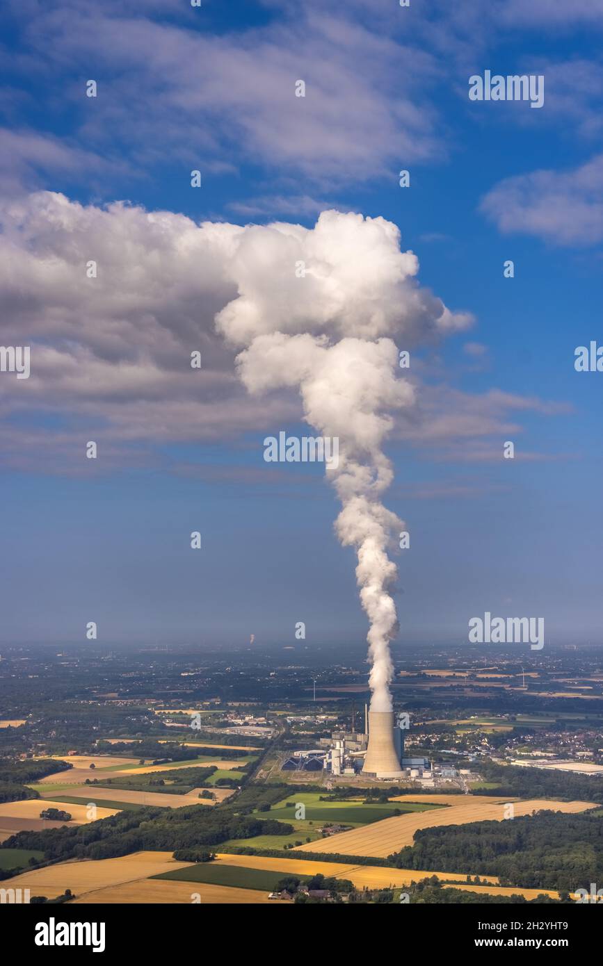 Aerial view of the power plant facilities and exhaust towers of the ...
