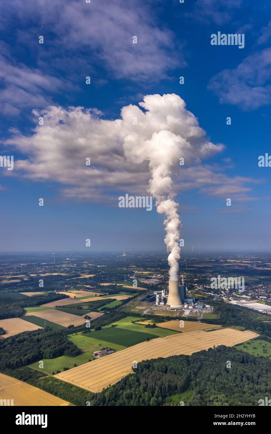 Aerial view of the power plant facilities and exhaust towers of the ...