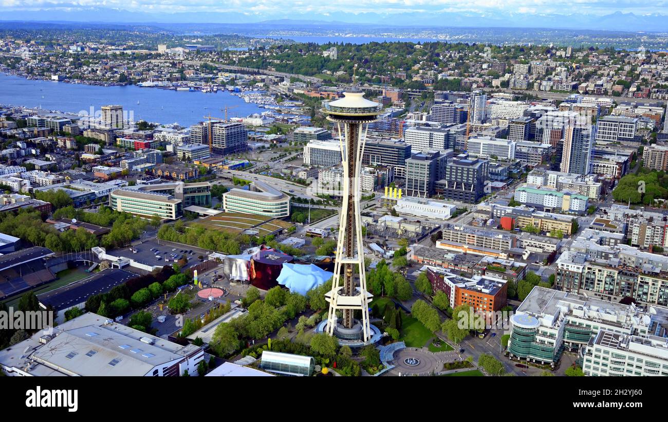 AERIAL VIEWS OF SEATTLE, WASHINGTON, USA...THE SPACE NEEDLE, AND ...