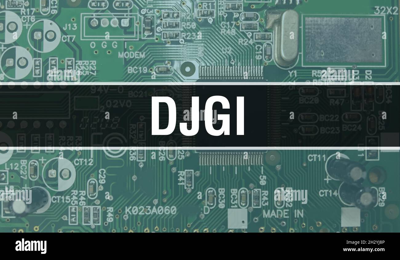 DJGI concept with Computer motherboard. DJGI text written on Technology ...