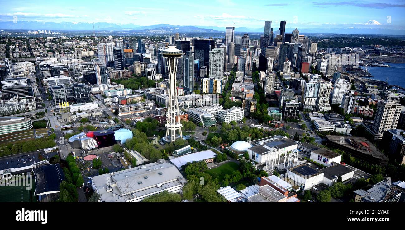 AERIAL VIEWS OF SEATTLE, WASHINGTON, USA...MT RAINIER,THE CITY SKYLINE ...