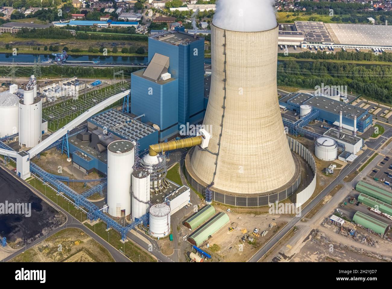 Aerial view of the power plant facilities and exhaust towers of the ...