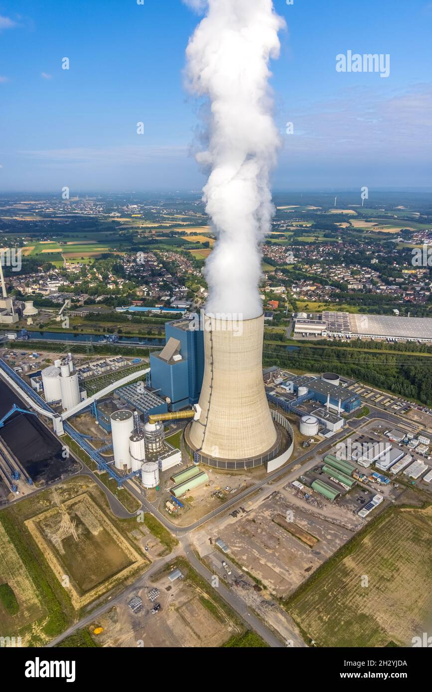 Aerial view of the power plant facilities and exhaust towers of the ...