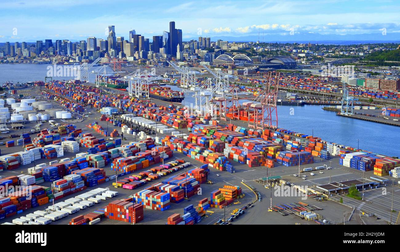 AERIAL VIEWS OF SEATTLE, WASHINGTON, USA...SHIPPING CONTAINERS ON ...