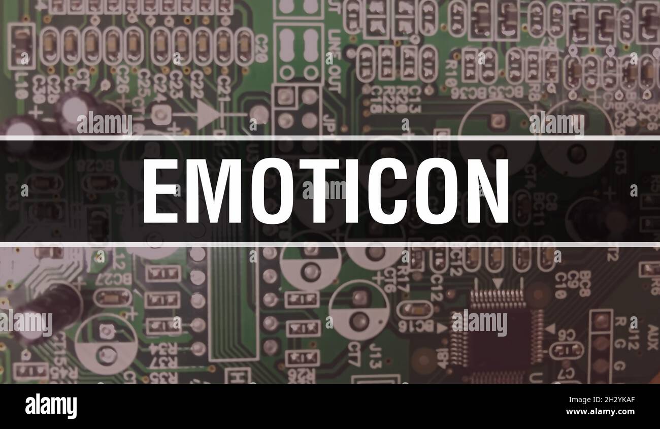 Emoticon concept with Computer motherboard. Emoticon text written on ...