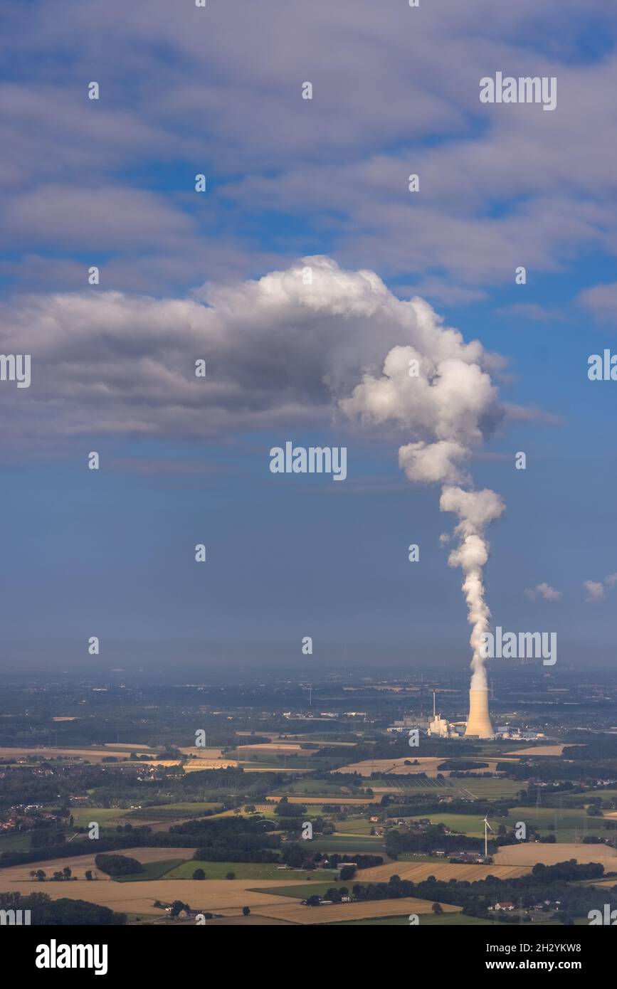 Aerial view of the power plant facilities and exhaust towers of the ...