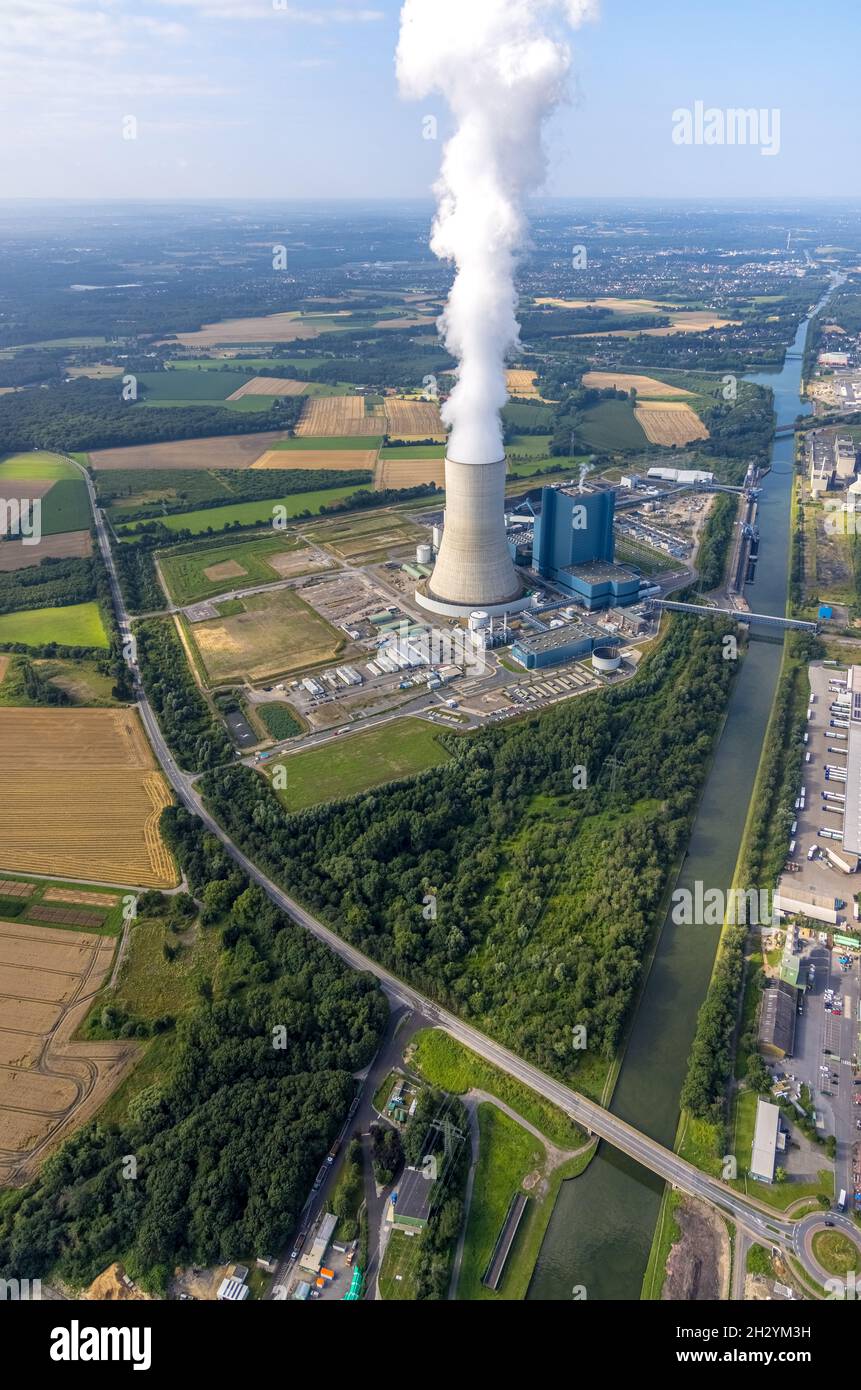 Aerial view of the power plant facilities and exhaust towers of the ...