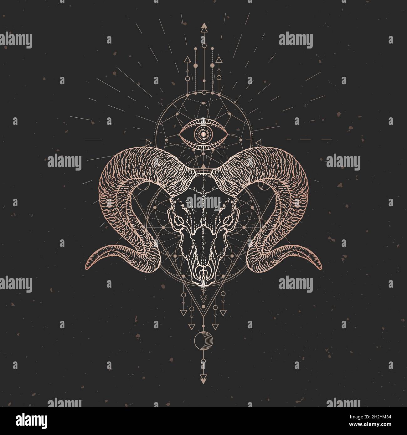 Vector illustration with hand drawn Wild ram skull and Sacred geometric ...