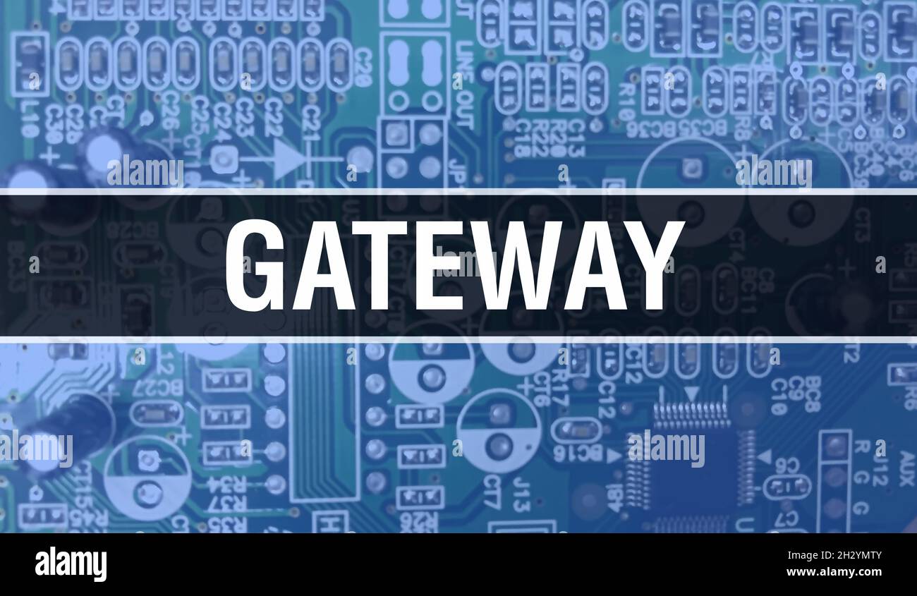 Gateway concept with Computer motherboard. Gateway text written on ...