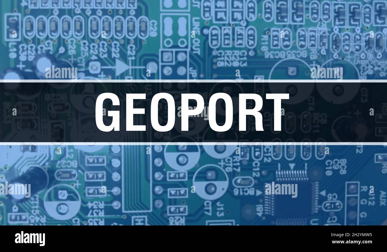 Geoport concept with Computer motherboard. Geoport text written on ...
