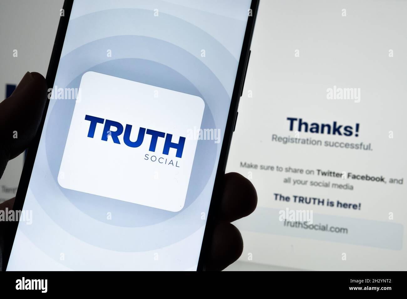 Truth Social app logo seen on the smartphone and registration form on ...