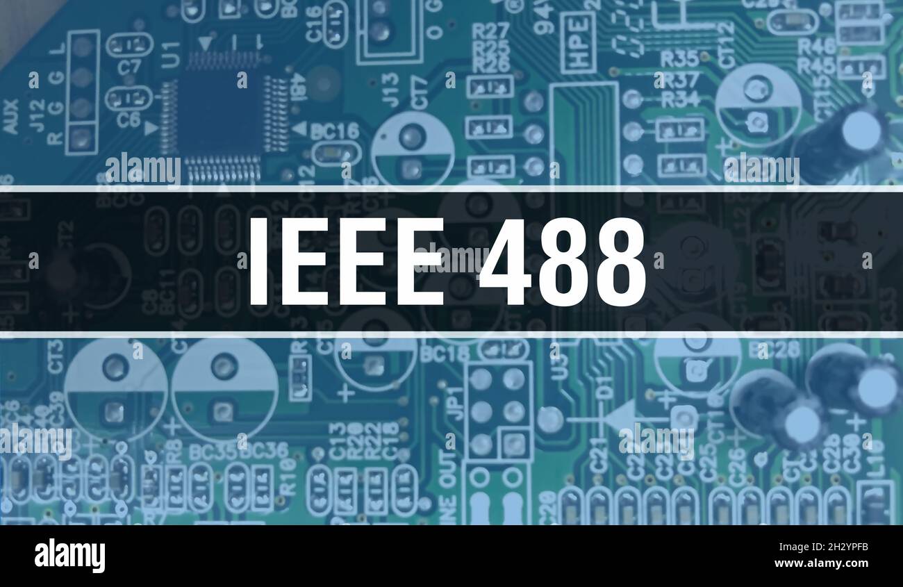 IEEE 488 concept illustration using Computer Chip in Circuit Board. IEEE 488 close up of ...