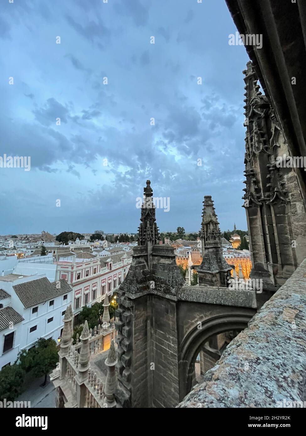 A vertical shot of the city of Seville from the roofs of the cathedral ...