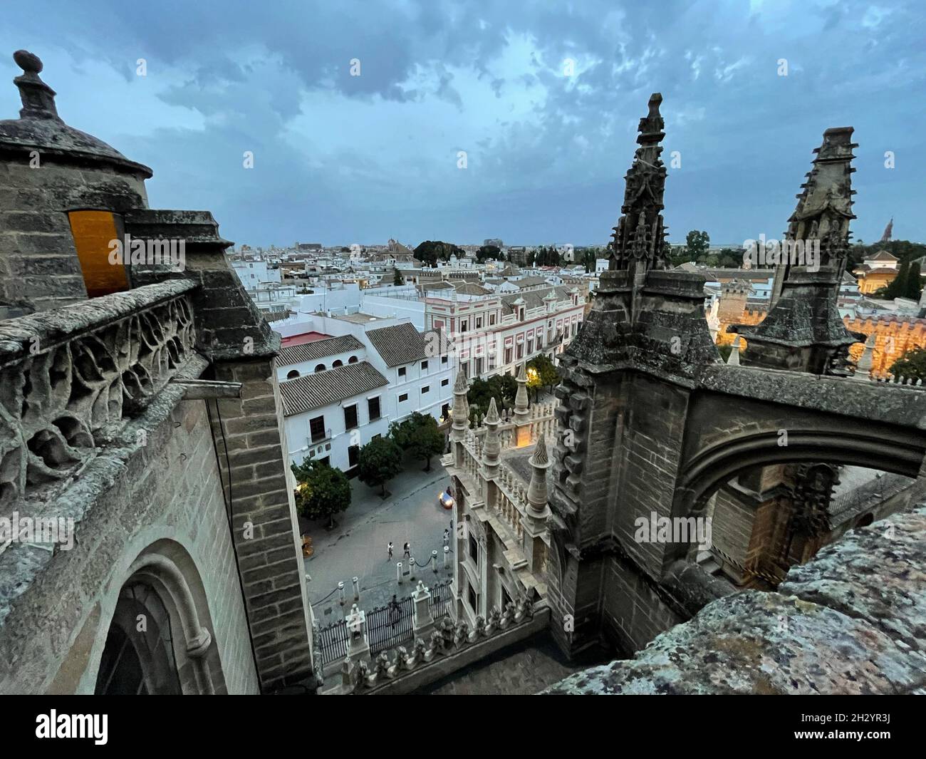 A high angle shot of the city of Seville from the roofs of the ...