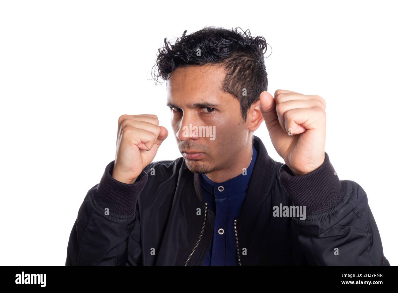 Man in boxing position isolated on white background. Man ready to fight ...