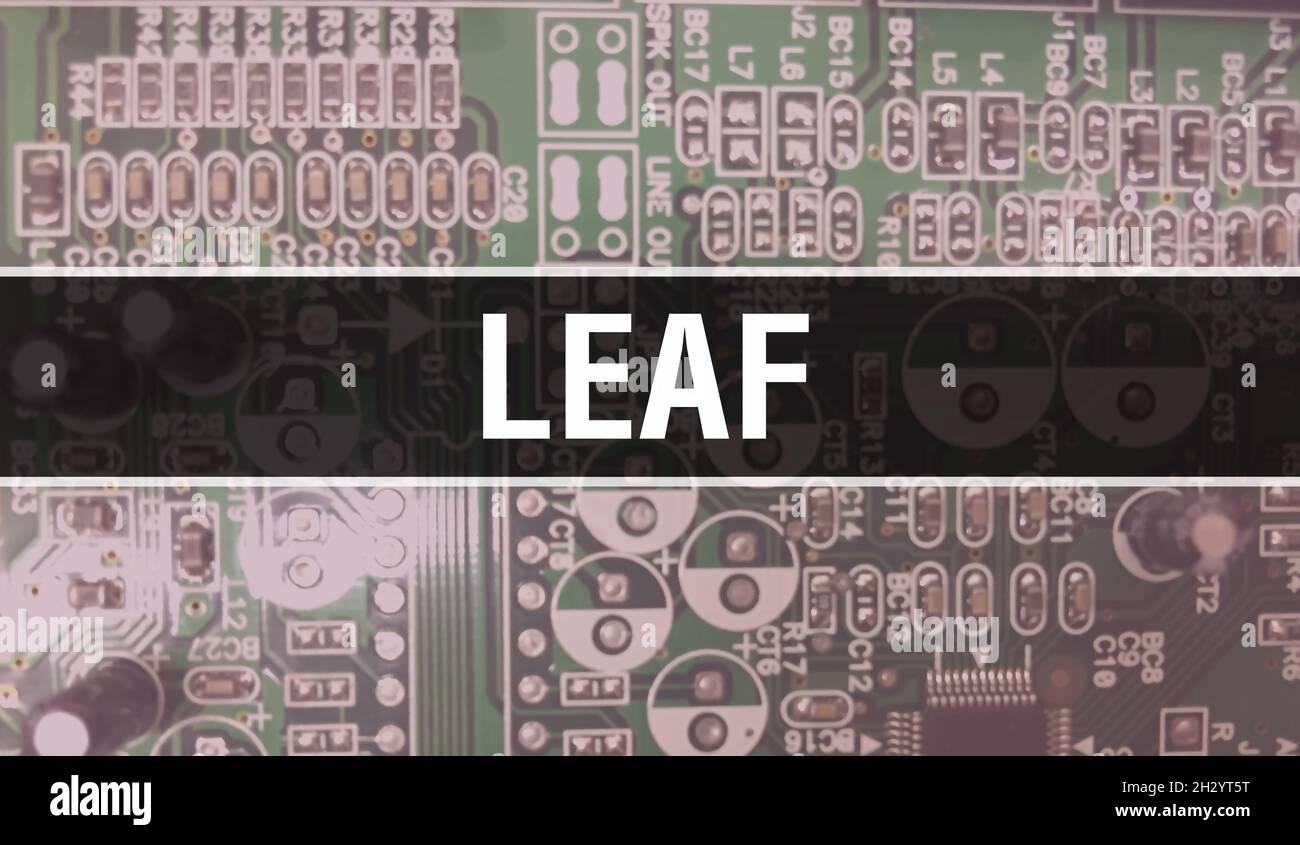 Leaf concept with Computer motherboard. Leaf text written on Technology ...