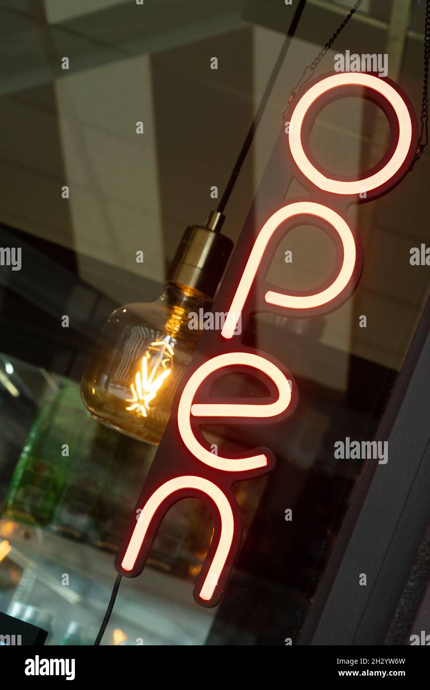 Neon Open for business sign Stock Photo - Alamy