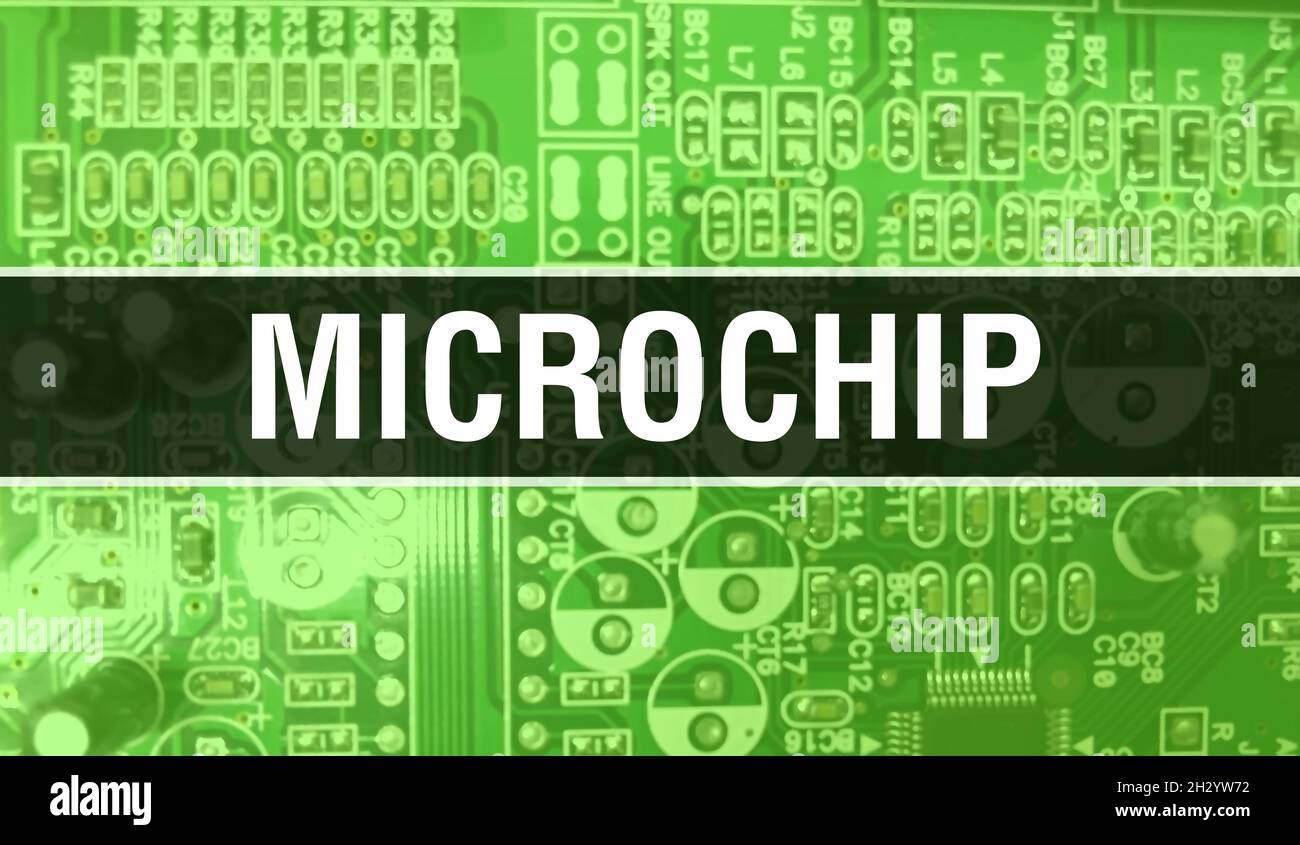 Microchip concept with Computer motherboard. Microchip text written on ... Microchip concept with Computer motherboard. Microchip text written on ...