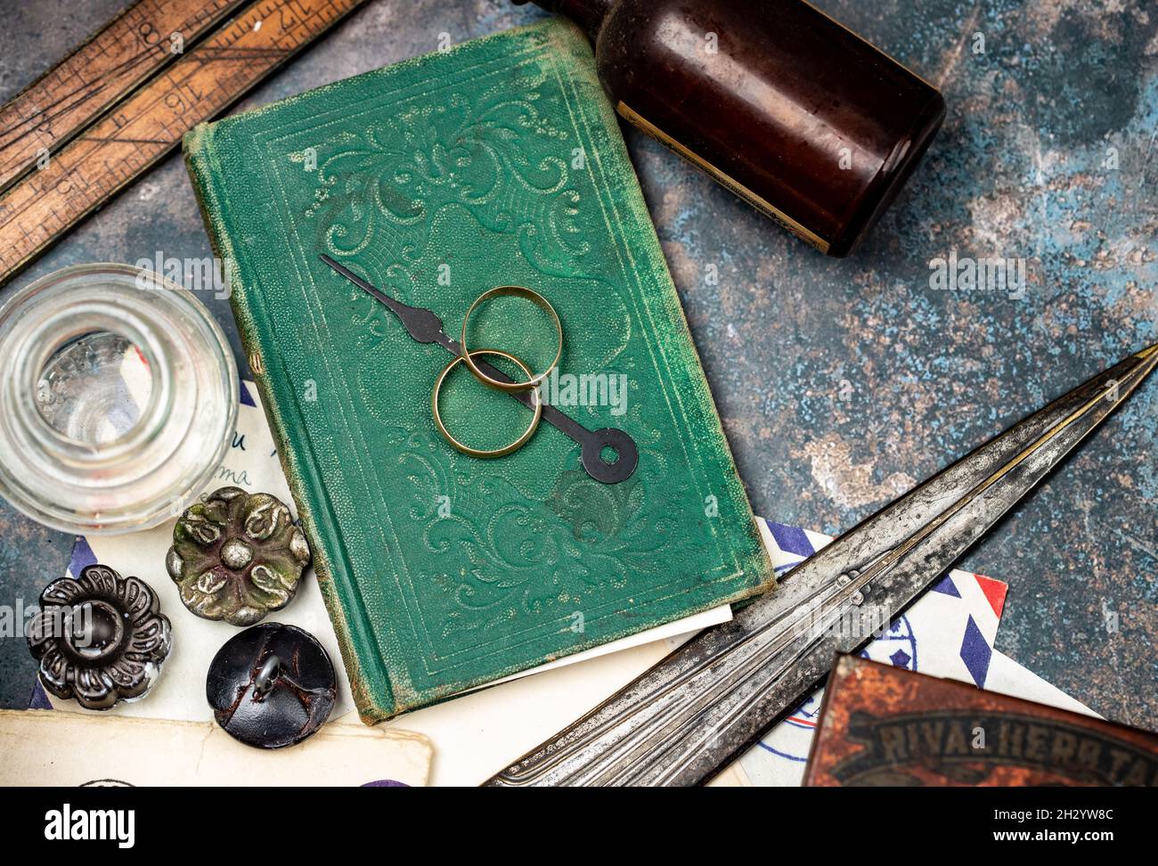 Vintage office supplies, glass bottle and mail lay flat Stock Photo - Alamy
