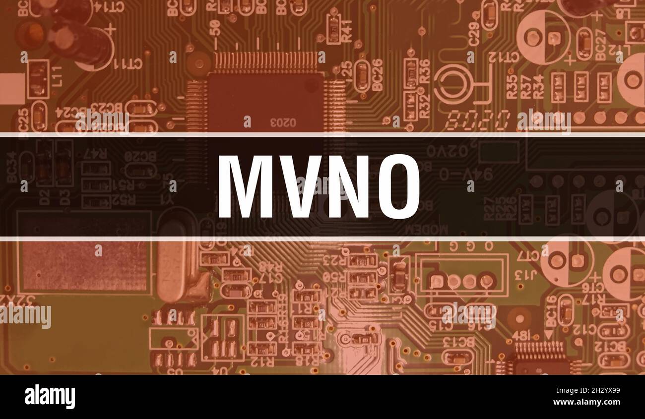 MVNO concept with Electronic Integrated Circuit on circuit board. MVNO with Computer Chip in ...